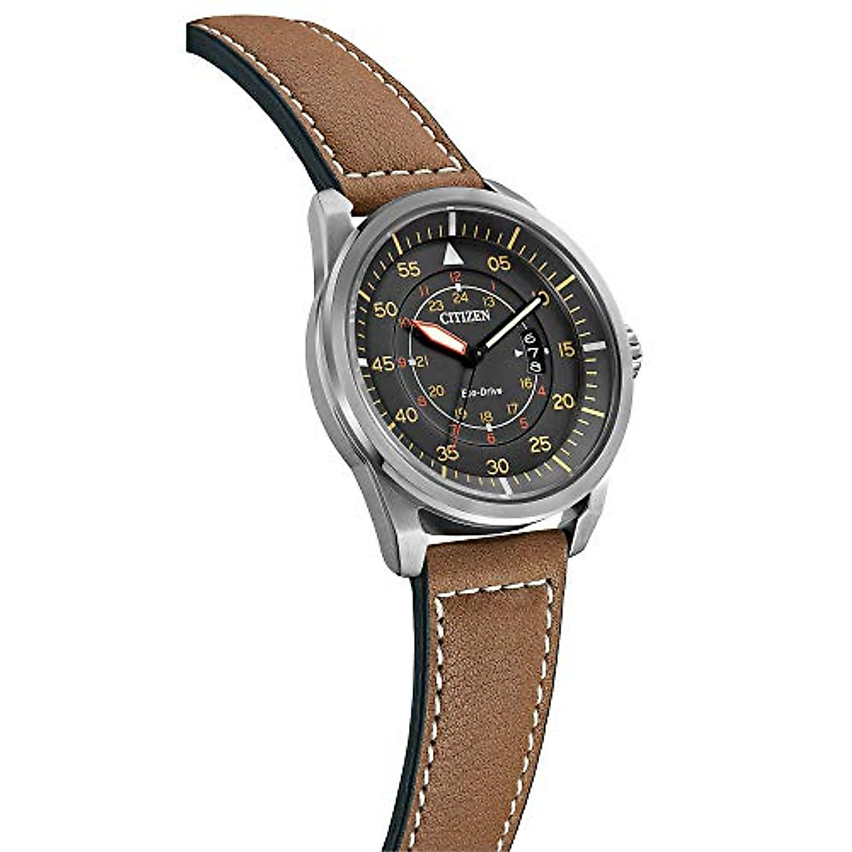 Citizen Men's Eco-Drive Weekender Avion Field Watch in Stainless Steel with Brown Leather strap, Grey Dial (Model: AW1361-10H)