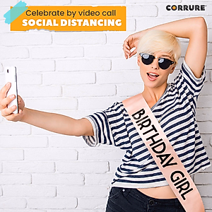 CORRURE 'Birthday Girl' Sash with Black Foil - Soft Satin Rose Gold Sash for Women - Birthday Sash for Happy 16th 18th 21st 25th 30th 40th 50th or Any Other Bday - Great Party Supplies and Decorations