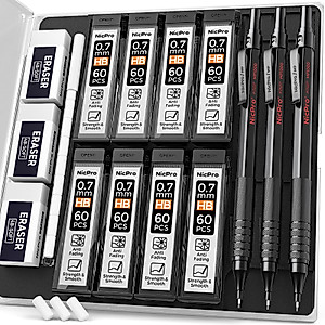 Nicpro 0.7 mm Mechanical Pencils Set with Case, 3 Metal Artist Pencil With 6 Tube HB Lead Refills, 3 Erasers, 9 Eraser Refills For Architect Art Writing Drafting Drawing, Engineering, Sketching, Black