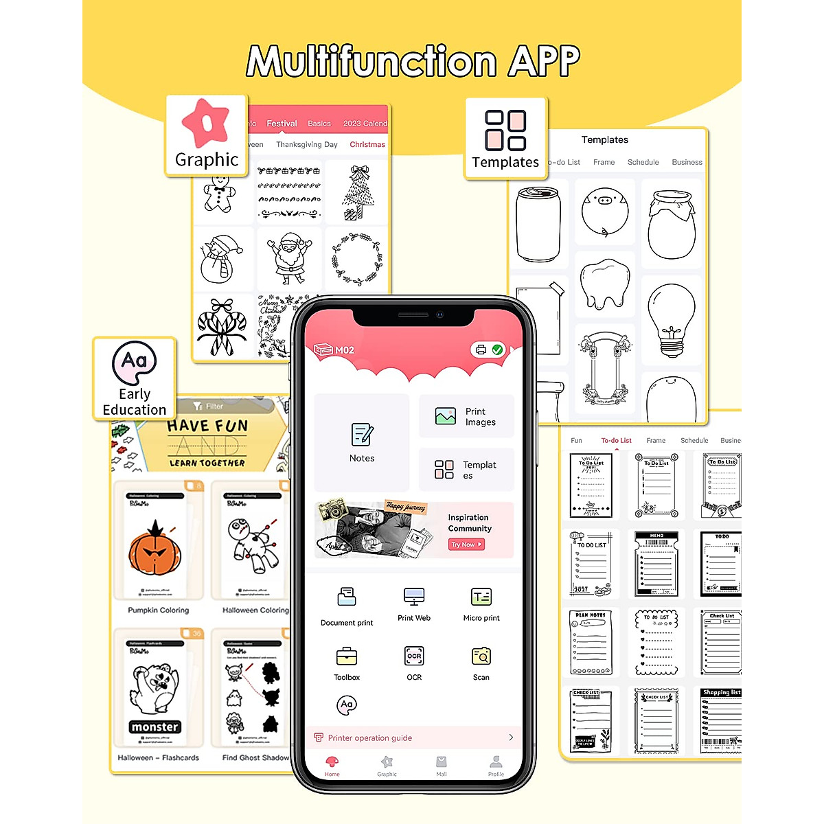 Memoqueen Mini Sticker Printer - M02 Wireless Pocket Printer, Compatible with iOS & Android, Photo Printer for Phone, for Fun Christmas Sticker, DIY Journal, New Year Gift, Black