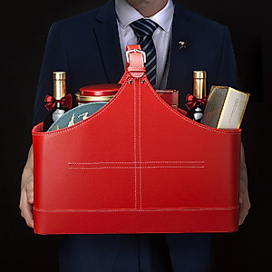 Leather Storage Basket,MDF Structure Wine Flowers Fruits Magazine Holder Rack/Bins,with Top Handle for Holiday Presents Gifts Display (Middle and Small Mixed, Red)