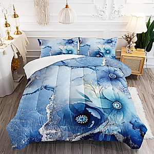 Nttopship Blue Marble Bedding Set Twin for Girls Boys Teens Blue Rose Comforter Set Silver Foil Quilt Comforter Kids Space Marble Room Decor 1 Comforter+2 Pillowcase