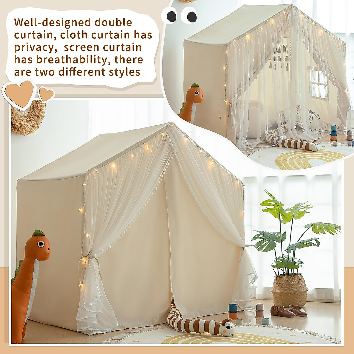 Kids Play Tent with Padded Mat, Kids Tents Large Princess Castle Pompoms Play House Indoor Playhouse Tent for Girl Bed Tents, Come with Star Lights