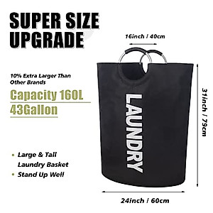 Twira 160L XX-Large Laundry Baskets, Laundry Hamper Stands Up Well, Laundry Bag with Padded Handles, Waterproof Laundry Basket Collapsible, Clothes Hamper for Bathroom, Laundry, College (Black)