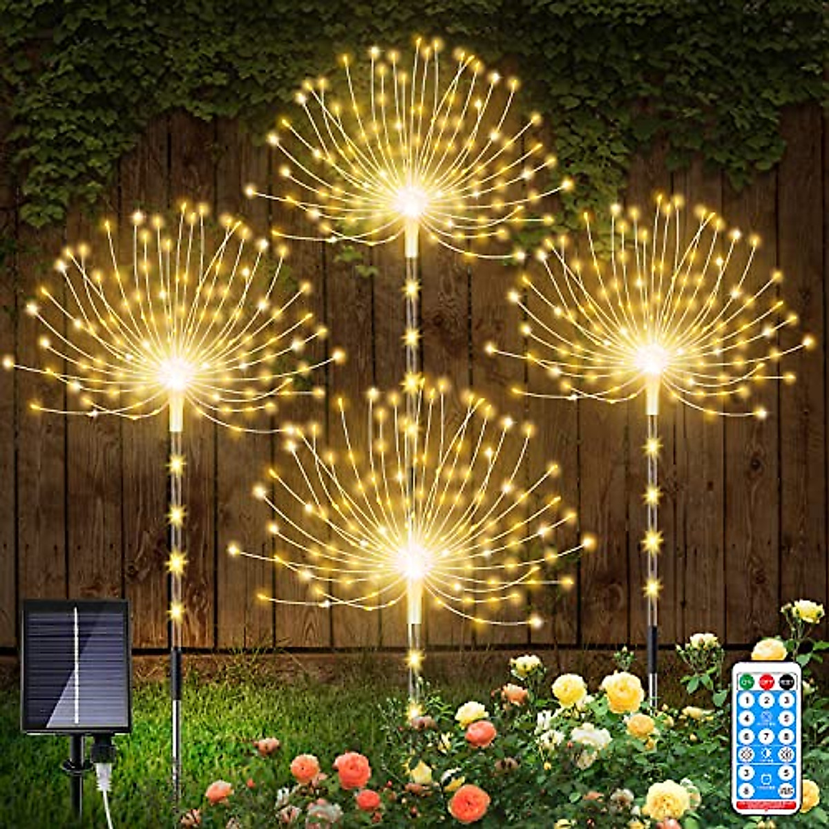 AOFLICT Solar Garden Lights, 4 Pack 126 LED Solar Firework Lights with Remote, 8 Lighting Modes Garden Firework Lights Outdoor Waterproof for Pathway, Backyard, Christmas, Party Decor (Warm White)