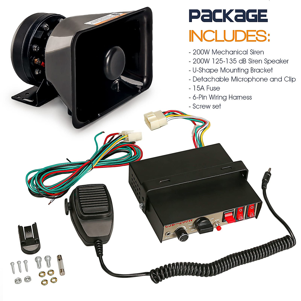 BooYu 12V 200W 9 Tones Police Warning Emergency Siren PA System [Rectangle Speaker][125-135dB][Handheld Microphone][Hands-Free][2 x 10A Switches] for Firefighter Ambulance Vehicles Truck SUV ATV UTV