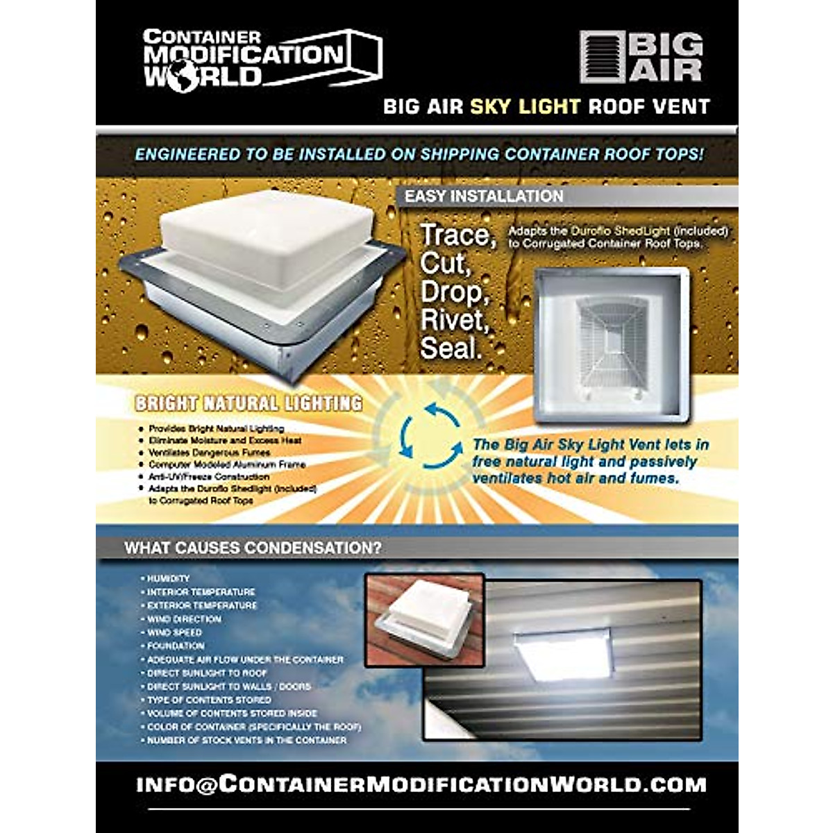 Container Modification World - Big Air Sky Light Roof Vent for Preventing Condensation and Excessive Heat in New and Used Sea Cans, Shipping Container Homes, Cabins and Offices (SKY-LIGHT-VENT-USA)