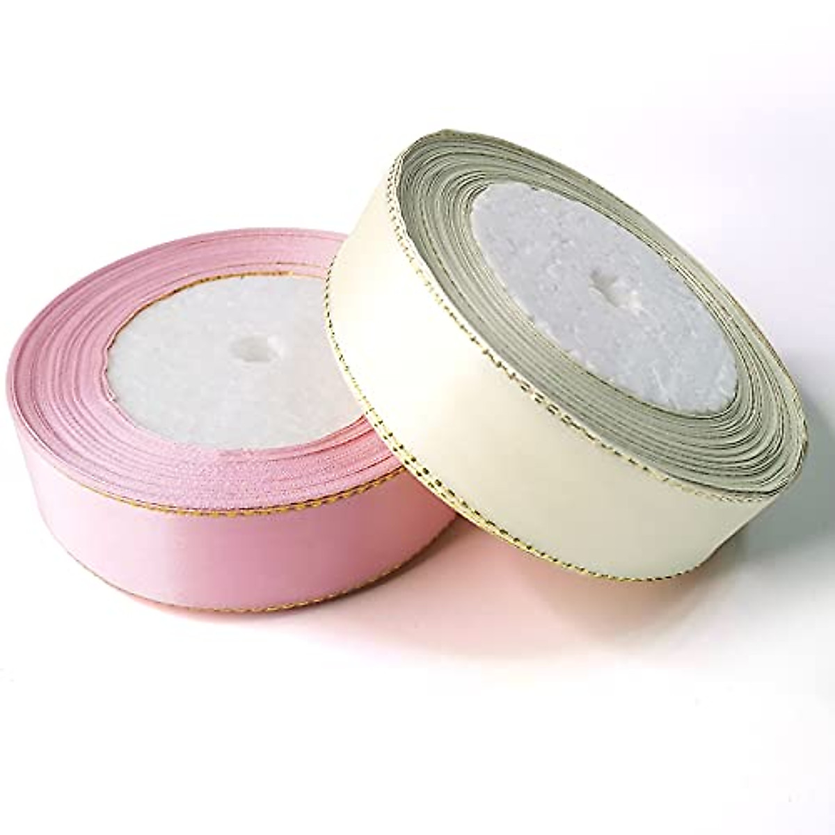 Pink & Ivory Satin Ribbon with Gold Edges, for Gift Wrapping Holiday Wedding Birthday Graduation Party Christmas Decoration,1“ Wide 25 Yard X 2 Rolls , Crafts Floral DIY Bags Bows White Ribbon