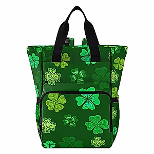 St Patrick's Day Clover Leaves Diaper Bag Backpack for Baby Boys Girls Baby Essentials Travel Tote with Stroller Straps & Bottle Storage Large Travel Diaper Backpack for Shopping Hiking Traveling