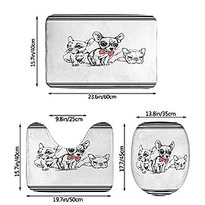 Wondertify Three French Bulldog Puppy Bathroom Antiskid Pad One Chihuahua Puppy Portrait Tie 3 Pieces Bathroom Rugs Set, Bath Mat+Contour+Toilet Lid Cover Black White