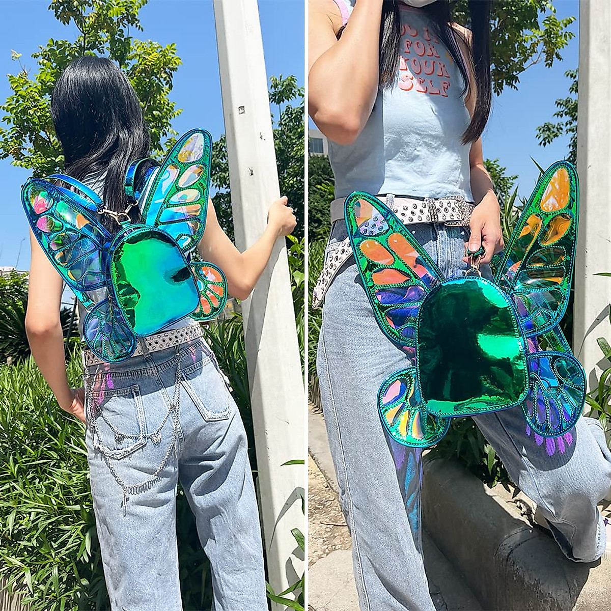 ENJOININ Women's Laser Holographic Backpack Butterfly Angel Wings Casual Daypack Shoulder Bag