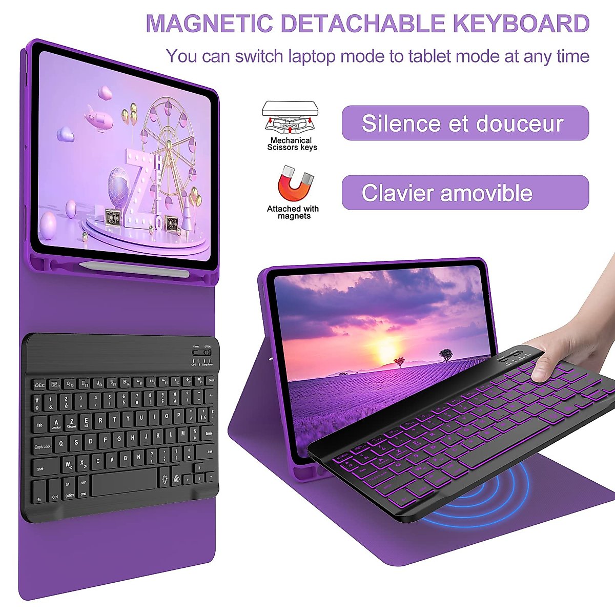 for iPad Air 4th 5th Generation Case with Keyboard,7-Color Backlit Detachable Smart Folio Keyboard Cover with Pencil Holder,Soft TPU Back Cover Keyboard for iPad Pro 11" / iPad Air 4/5th 10.9",Purple