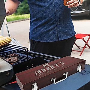 Engraved Grill BBQ Gifts Set for Dad Father Him - Custom Barbecue Personalized Grilling Set with Tools (Silver Engraving)