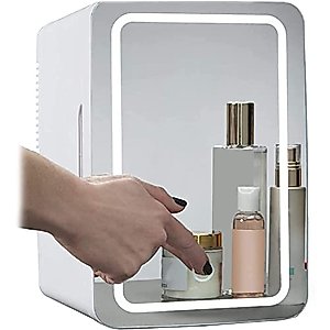 YUNYN Mini Fridge for Bedroom, 8L Skincare Fridge with LED Mirror, Beauty Fridge, Portable Small Refrigerator, Mini Fridge for Makeup, Skincare, Drinks (White)