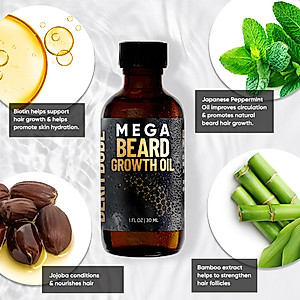 Derm Dude Mega Beard Growth Oil with Jojoba Oil, Japanese Peppermint Oil, Castor Oil, Avocado oil and more. Promotes Natural Healthy Facial Hair Growth for Men, Thickening and Conditioning Beard Oil