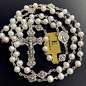 elegantmedical Handmade AAA 6MM Real Pearl Beads Catholic Our Lady Grace Rosary Cross Necklace Box Case Gifts (White)