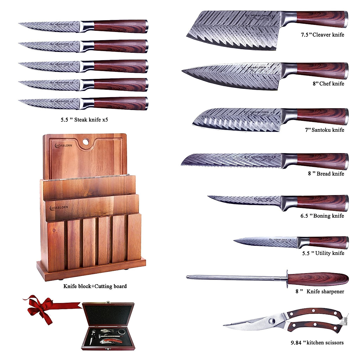 ChefHoablorn Damascus Knife Block Set 15PCS Kitchen Knife Set with Block Premium Chef Knife Set Stainless Steel Handle, Japanese Knife Set, Cutting Board, Wine Corkscrew Set Perfect Housewarming Gift