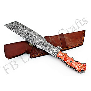Tactical Combat Custom Made Damascus Steel Hunting Knife/Tracker Knife FBK-15316 (Orange & White Resin)