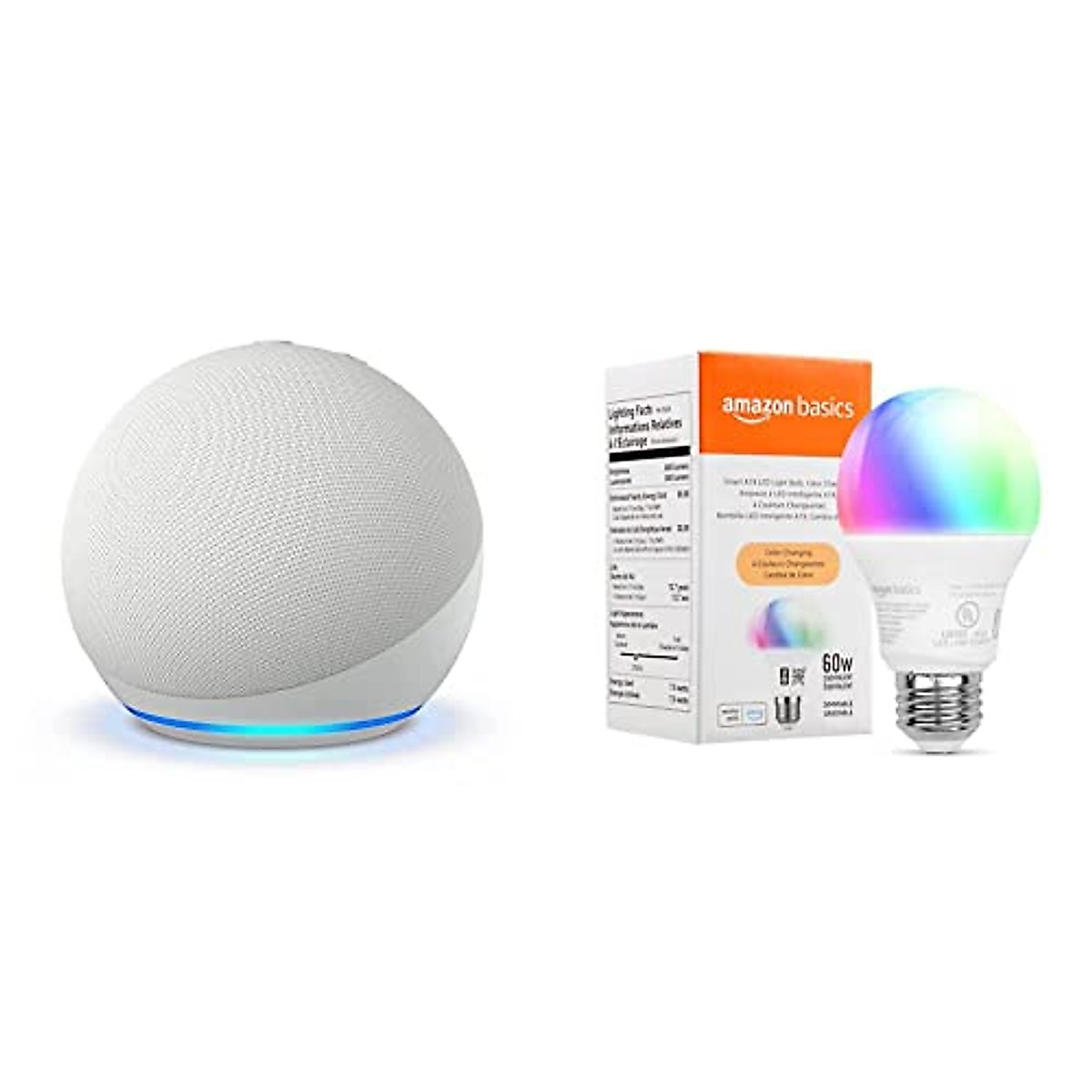 Echo Dot (5th Gen) | Glacier White with Amazon Basics Smart Color Bulb