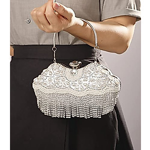 Sither Rhinestone Tassel Handbag Purses for Women Evening Handbag Purses Crystal Pearls Clutch Purses Sparkly Clutches Shoulder Chain Bags for Party Prom Christmas Gift (silver)