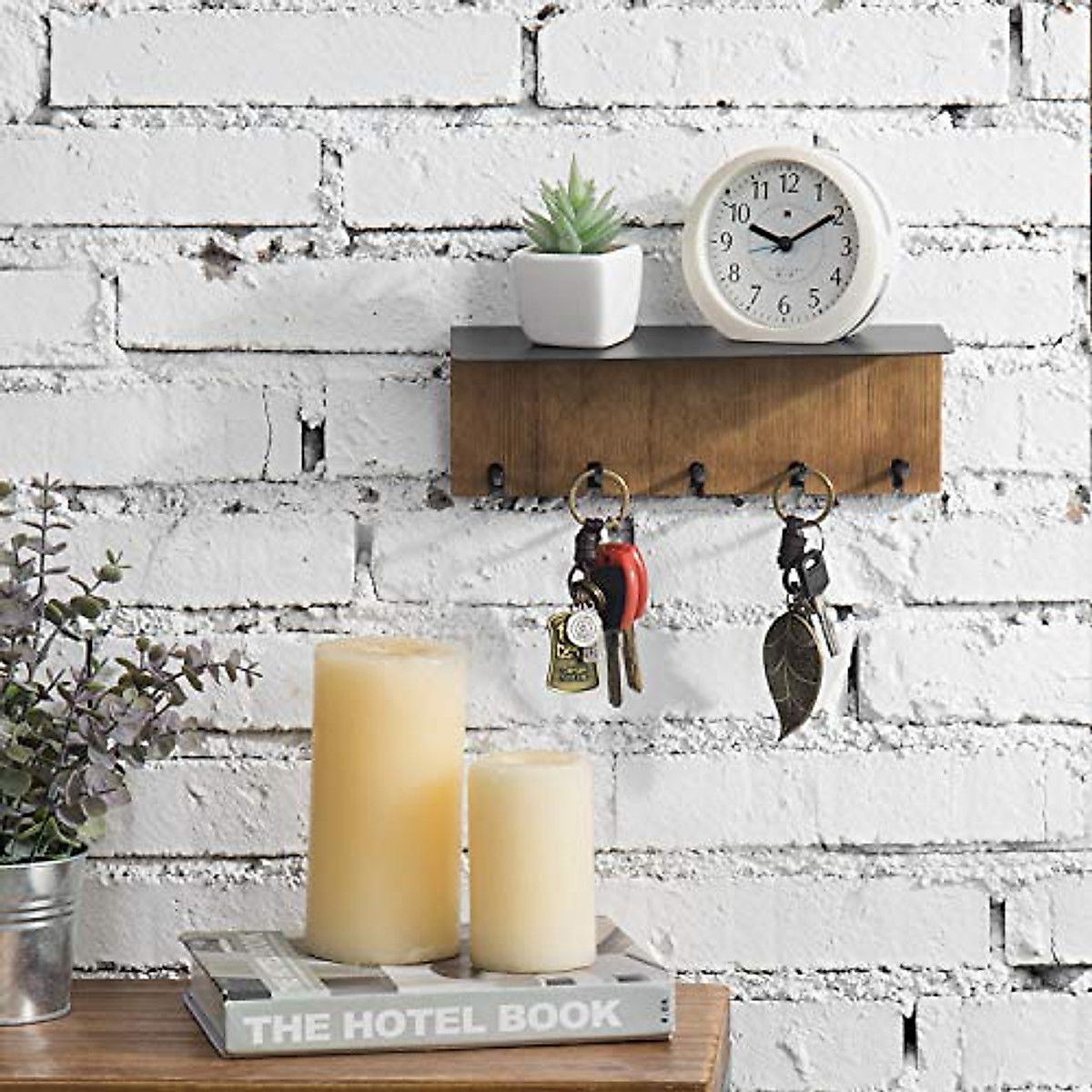 MyGift Entryway Shelf Rack with 5 Key Hooks, Wall-Mounted Burnt Solid Wood and Matte Black Decorative Shelf