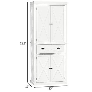 HOMCOM Freestanding Modern Farmhouse 4 Door Kitchen Pantry Cabinet, Storage Cabinet Organizer with 6-Tiers, 1 Drawer and 4 Adjustable Shelves, White