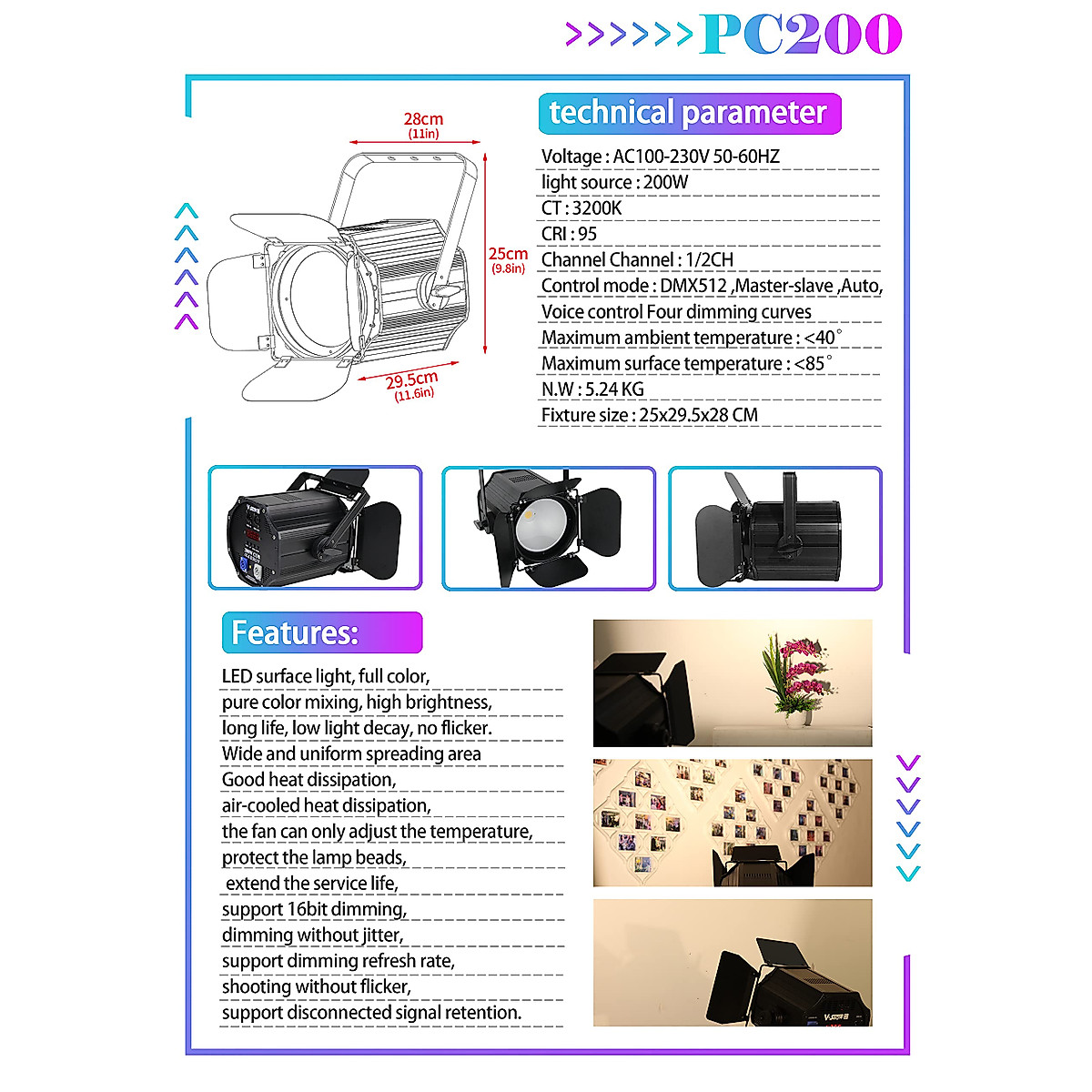 V-Show 200W Stage COB Par Light - Studio Lights Warm White DMX with Dimmable for Camera Photo Church Theater