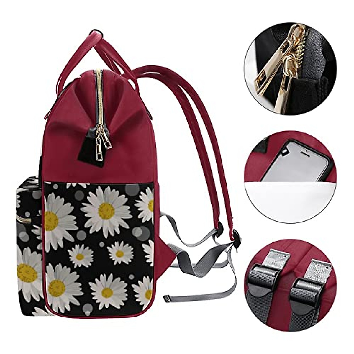 White Daisies Diaper Bag Backpack Large Capacity Mommy Bags Multifunction Nappy Bag Travel Back Pack Red-Style