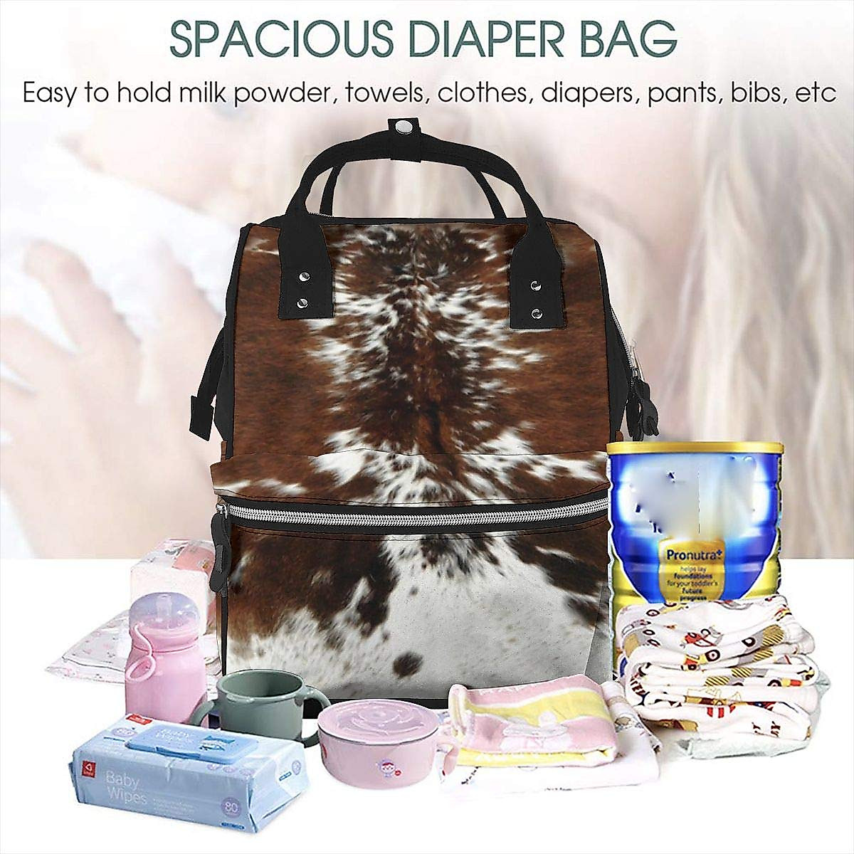 Tri Color Brown Cowhide Print Diaper Bag Backpack, Baby Nappy Storage Travel Bag