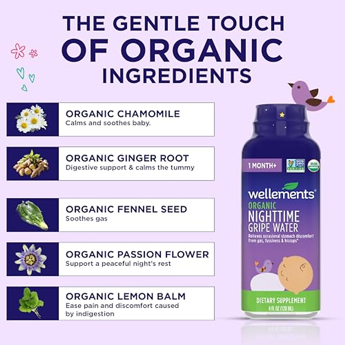 Wellements Organic Nighttime Gripe Water for Babies 1 Month+ (4 Fl Oz) - Baby Gripe Water for Bedtime Relief Gas, Colic & Fussiness - Herbs Promote a Peaceful Night’s Sleep - USDA Certified & Non GMO