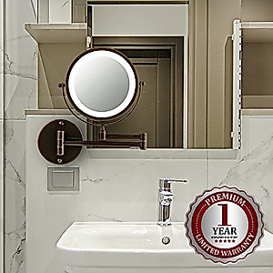 OVENTE 7" Lighted Wall Mount Makeup Mirror - 1X/ 10X Magnification, Battery Powered Glow Cosmetic Light up, Spinning 360-Degree, Double Sided LED, Extendable, Folding Arm, Antique Bronze MFW70ABZ1X10X