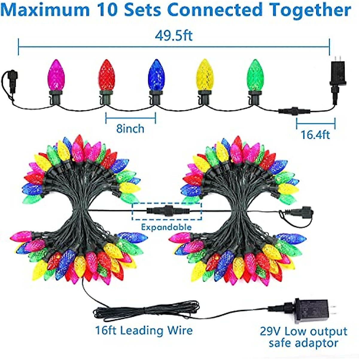 warlkde 50LEDs Christmas String Lights, C9 Christmas Lights with 29V Safe Adaptor, End-to-End, UL Certified Fairy Lights for Christmas Tree, Patio, Garden, Party, Wedding, Holiday Decoration