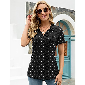 Black Collared Shirts for Women V Neck Golf Polos Short Sleeve Tunic Tops Business Casual Blouse Office Polka Dot L