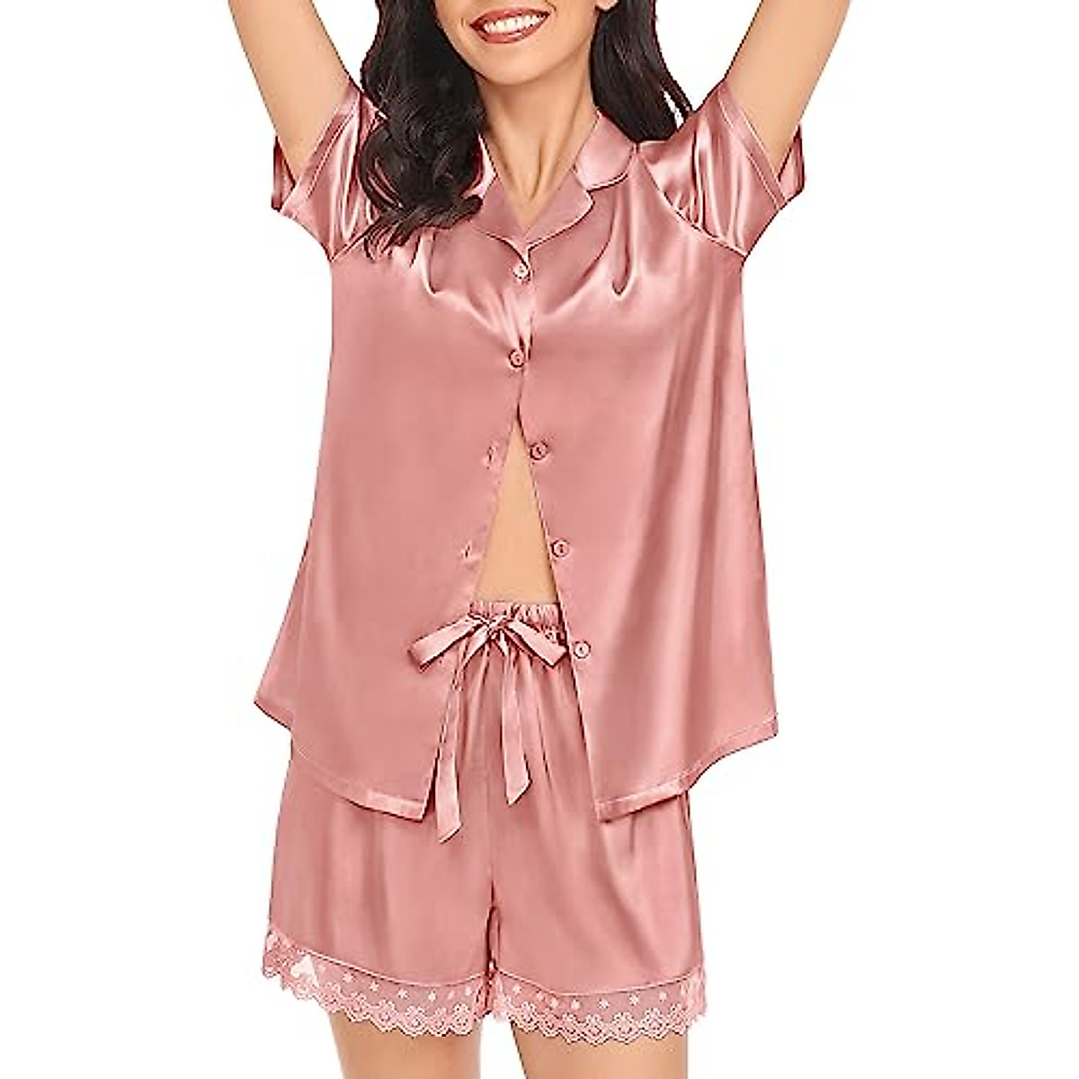 SWOMOG Ladies Pajamas Sets Satin Pajamas Womens Short Sleeve Sleepwear Soft Silky 2 Piece Loungewear Pjs for Bridal