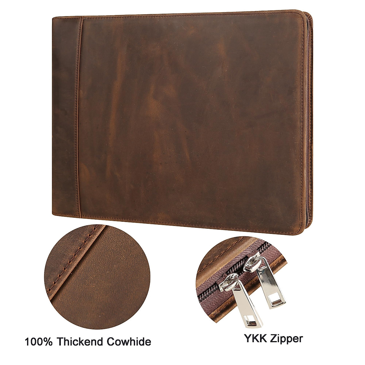 Leather Business Checkbook Binder - 7 Ring Zippered Binder with Check Book Holder for 3 Per Page, 600 Checks Capacity for 9 x 13 inch Sheets, Dark Khaki