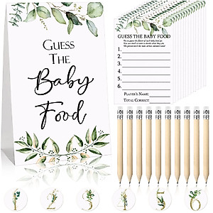 67 Pcs Guess the Baby Food Game Greenery Baby Shower Games Set 1 Standing Sign 50 Answer Cards 10 Pencils 6 Number Stickers for Gender Reveal Party Decoration Supplies