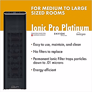 Envion by Boneco - Ionic Pro Platinum - Negative Ion Air Purifier Tower - Truly Silent Operation – High Performing Unique No Filter Design - Removes Odors, Smoke, Mold, Pet Dander - 500 Sq Ft Capacity