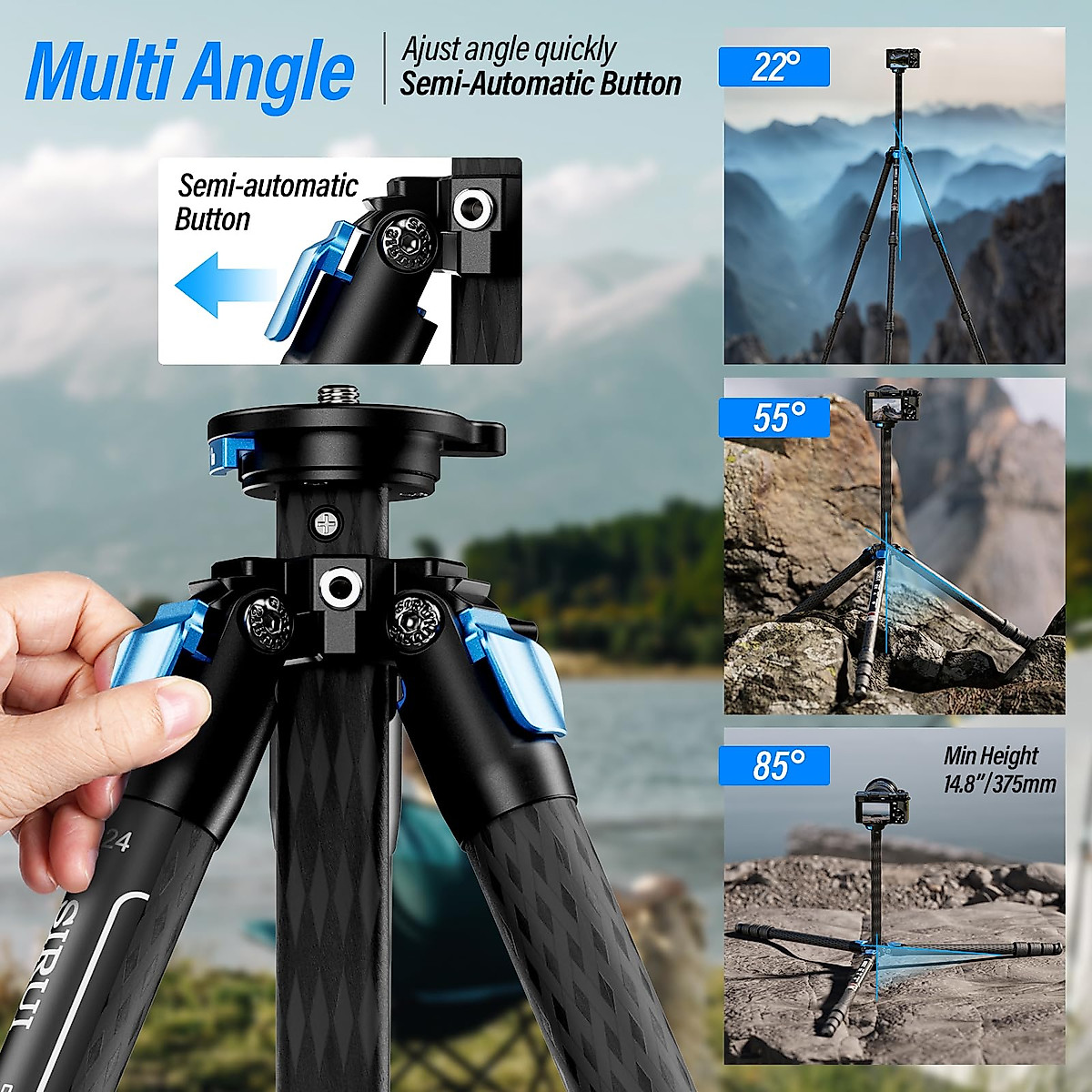 SIRUI AM-124 Carbon Fiber Tripod with Triangular Center Column, 62.6" Compact TravelTripod for Camera, 4 Sections, Waterproof Twist Lock, Load 26.5lbs