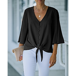 luvamia Women's V Neck Tops Ruffle 3/4 Sleeve Tie Knot Blouses Button Down Shirts, Black Button Down Size XL
