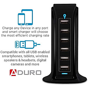 Aduro 40W 6-Port USB Desktop Charging Station Hub Wall Charger for iPhone iPad Tablets Smartphones with Smart Flow (Black)