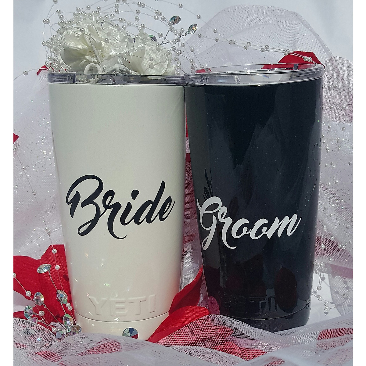 YETI Rambler 20 Oz Tumbler, Stainless Steel, with Lid, Wedding Set, Bride and Groom, (Gloss Black and Pearl White)