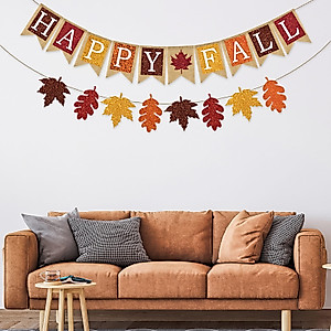 AnyDesign 2Pcs Fall Banner Glitter Maple Leaf Paper Banner Happy Fall Burlap Banner Pre-Assembled Rustic Bunting Garland Hanging Decorations for Autumn Thanksgiving Party Decoration Supplies