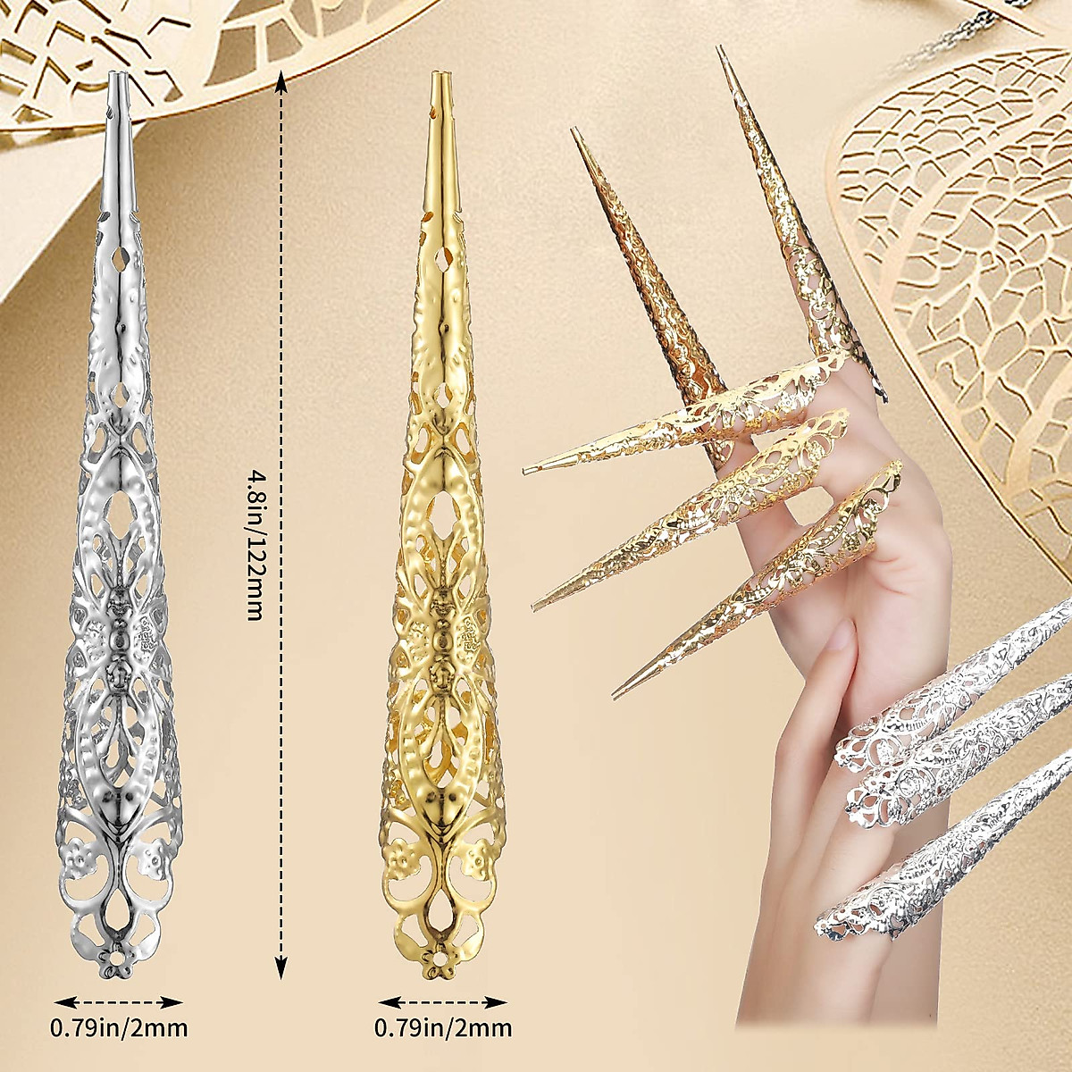 20 Packs halloween Finger Nail Claw Rings Ancient Queen Fingernail Claw Metal Finger Knuckle Claw for Halloween Women Cosplay Costume Drama Dance Show (Gold, Silver)
