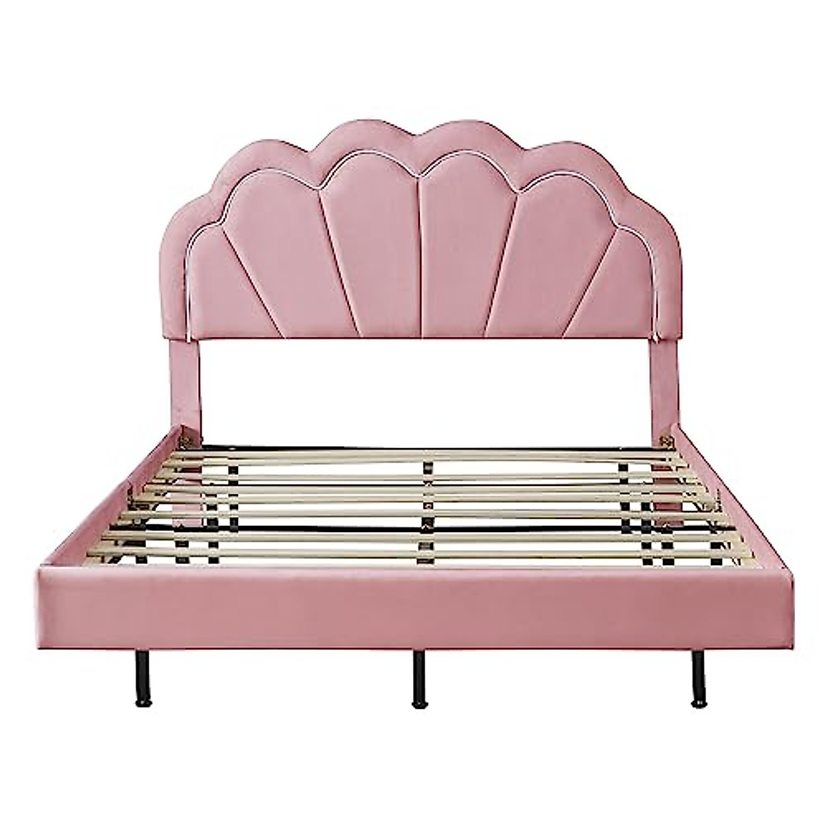 Upholstered Smart LED Bed Frame with Elegant Flowers Headboard,Floating Velvet Platform LED Bed with Wooden Slats Supportfor Bedroom, No Box Spring Needed (Pink, Full)