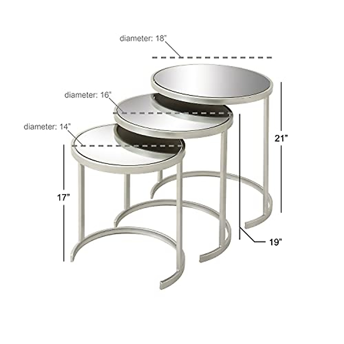 Deco 79 Metal Nesting Accent Table with Mirrored Glass Top, Set of 3 21", 19", 17"H, Silver