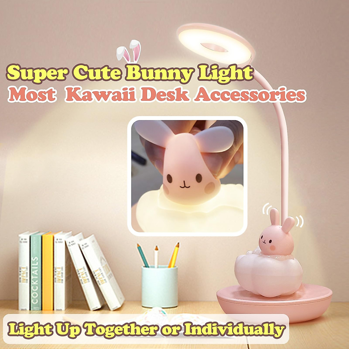 CompraFun Kids Desk Lamp Pink, Dimming Desk Lamp for Girls with Exclusive Cartoon Look, Cute Night Light for Kids Bedroom, Eye-Caring LED Portable Reading Lamp for Child, Unique Gift (Pink Rabbit)