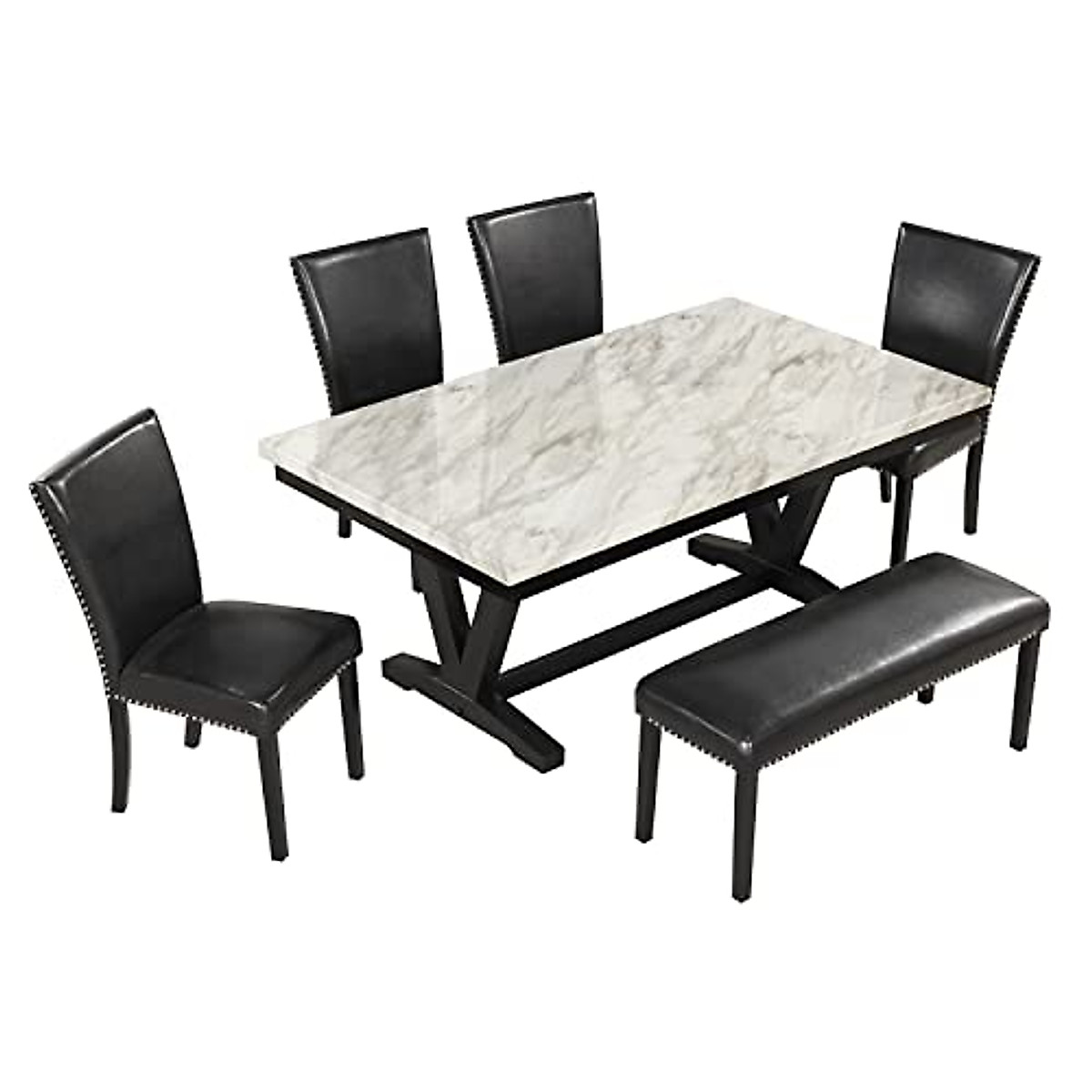 Goozio 6-Piece Set,Faux Marble Table, 4 Upholstered PU Leather Chair, 1 Bench for Dining Living Room,Black, OneSize