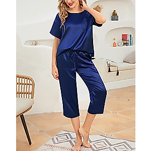SWOMOG Womens 2 Piece Satin Pajamas Silk Short Sleeve Pjs Sets Capri Bottom Pajama Pants Loose Outfit with Pockets Navy Blue