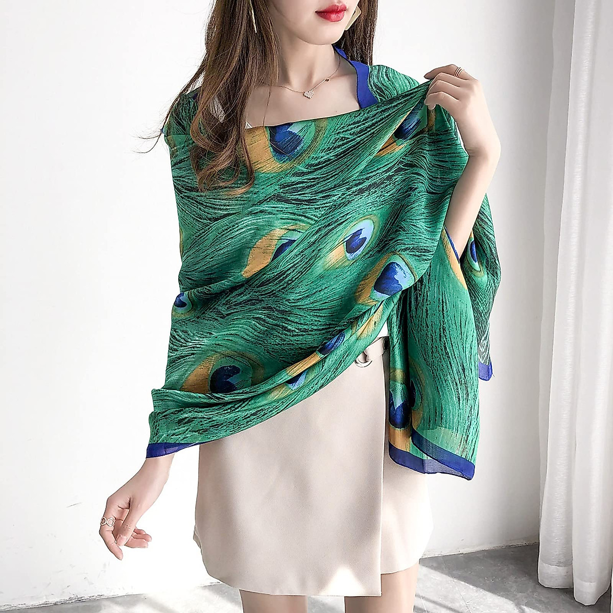 Women Silk Scarf Long Large Peacock Feather Print Wrap Shawl Scarves Headscarf