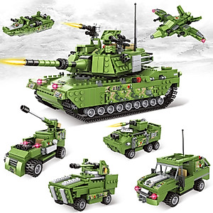 City War Military Tank Building Blocks Set, 6-in-1 Army Armored Force Construction Kit with Vehicles, Airplane, Boat, Creative Roleplay STEM Toy Gift for Kids, Boys Girls Ages 6+ (952 Pieces)